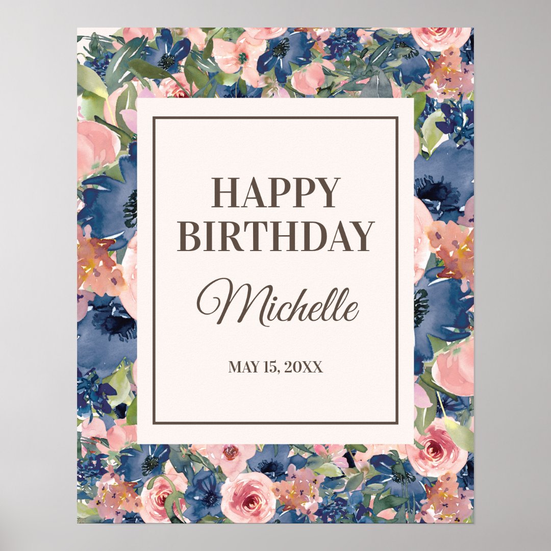 Navy .Blue Blush Pink Happy Birthday Party Poster | Zazzle.at